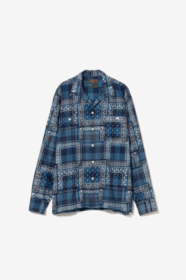 Beams Plus MIL Open Collar Indigo Plaid Discharge Print (Indigo 78 ...